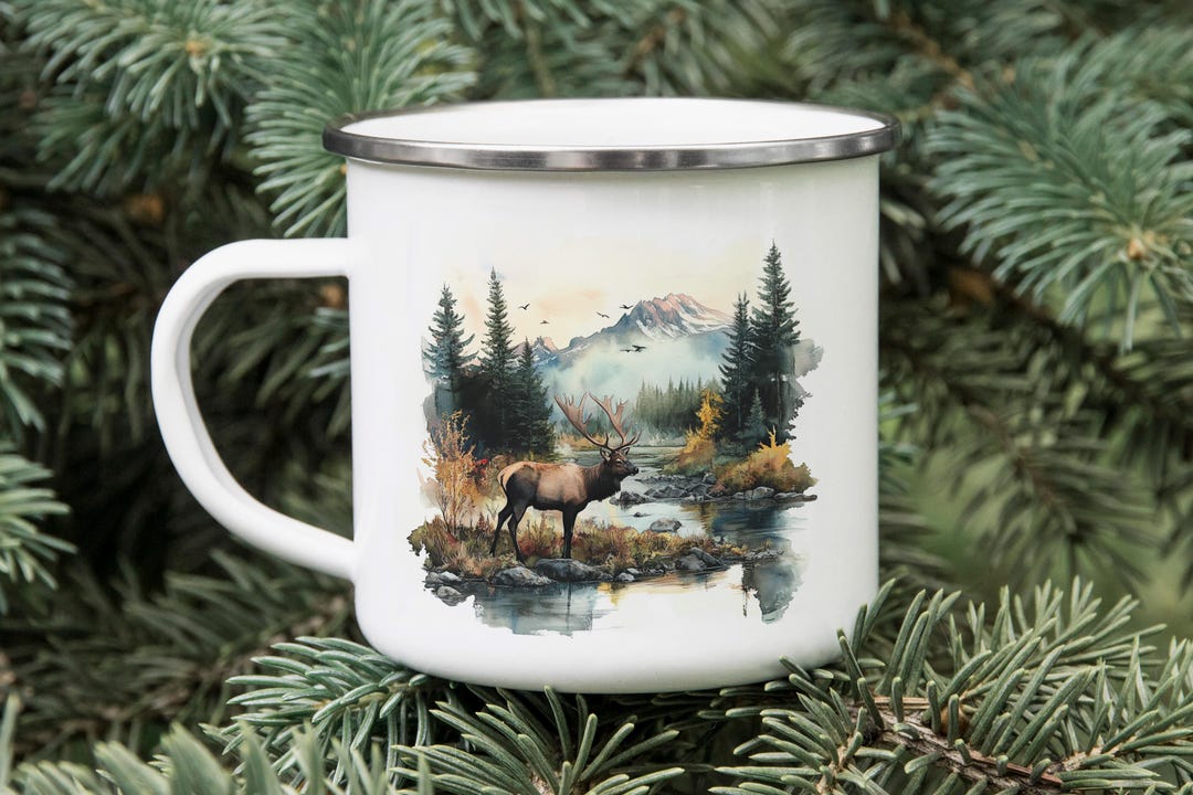 Watercolor Elk Camping Mug: Majestic Mountain Scene Enamel Mug - Etsy