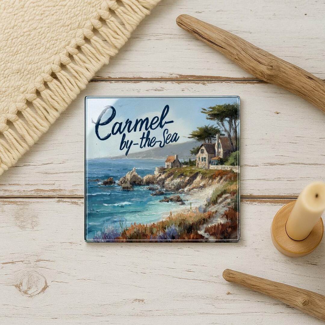 Coastal Glass Coaster: Carmel-by-the-sea Art, Cypress Trees & Ocean ...