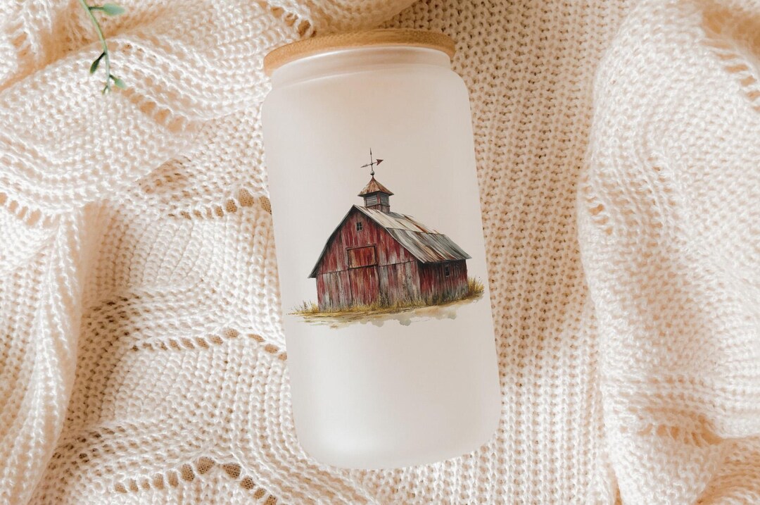 Country Farm Glass Tumbler: Classic Red Barn, Rustic Watercolor, Glass ...
