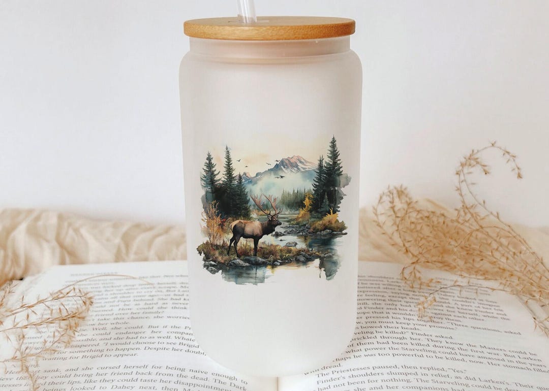 Watercolor Elk Forest Glass Tumbler: Rustic Mountain River Cup - Etsy