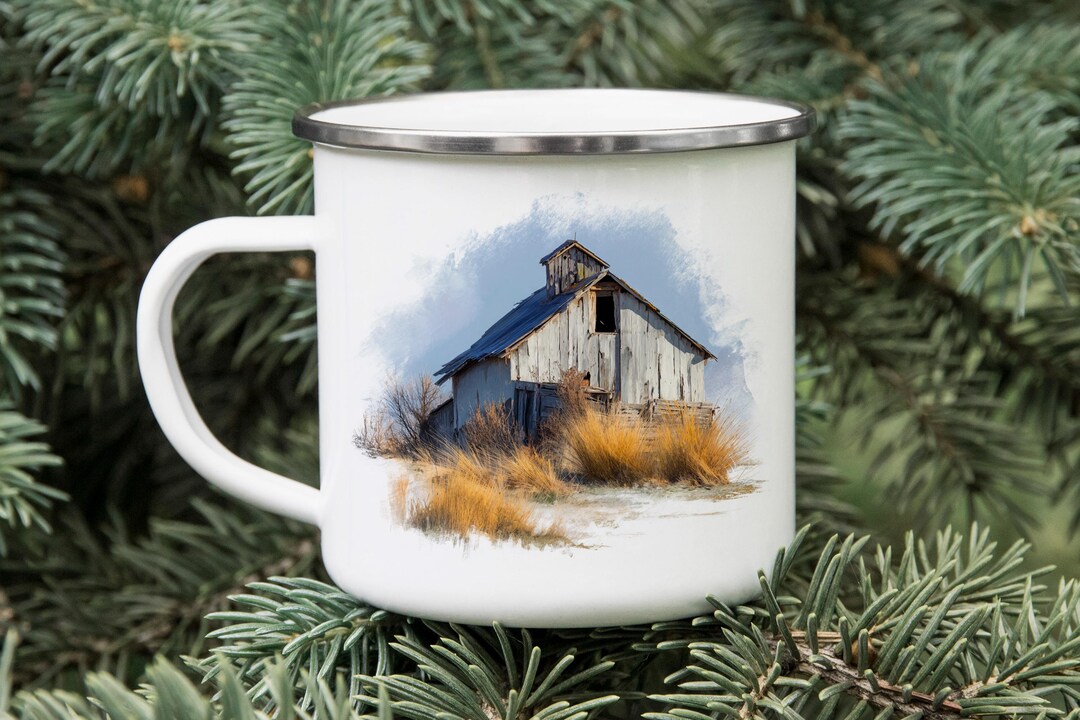 Rustic Enamel Camping Mug: Weathered Barn & Tumbleweed Design - Etsy