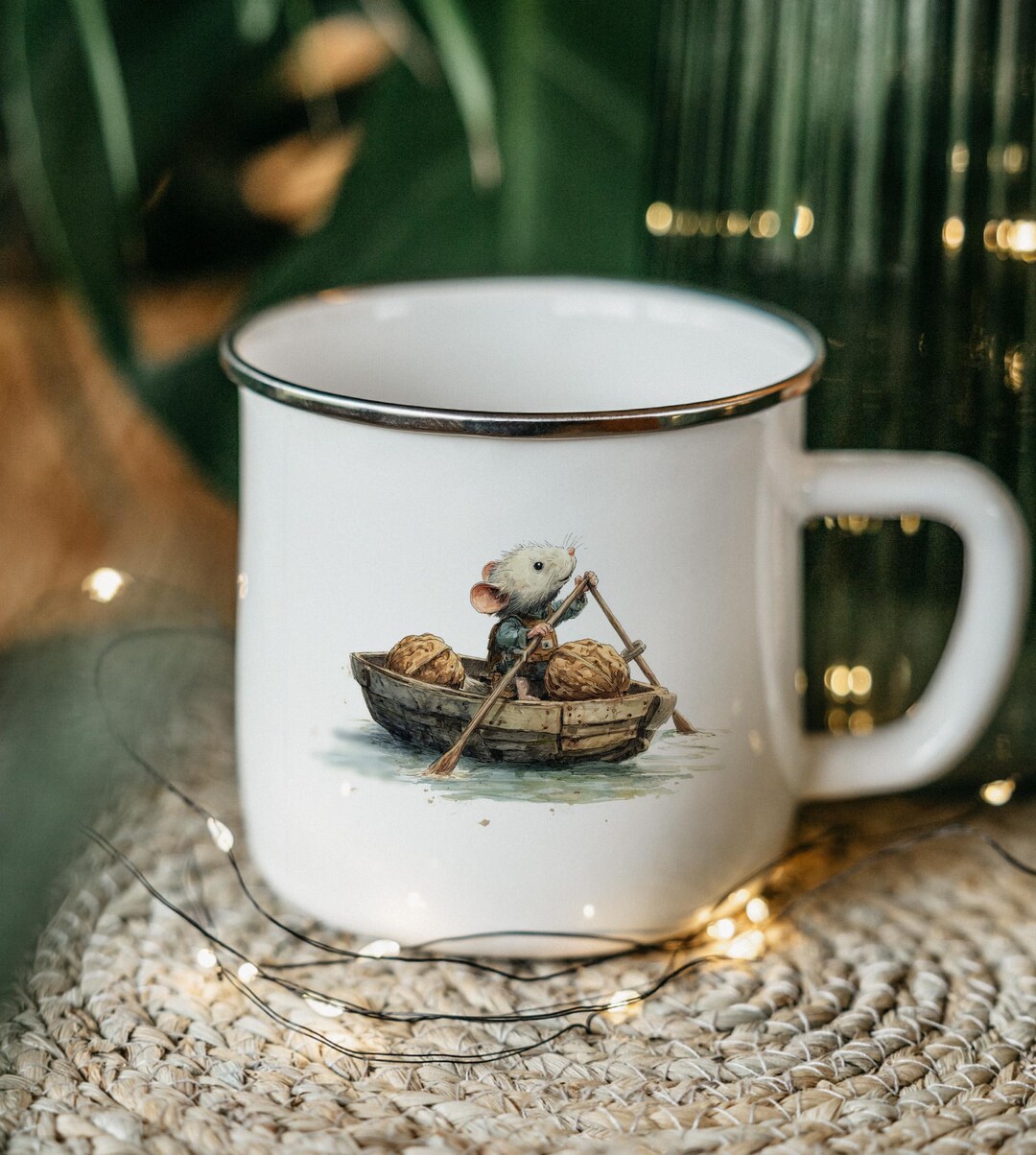 Tiny Mouse Rowing Walnut Shell Boat Enamel Camping Mug – Cute Nature ...