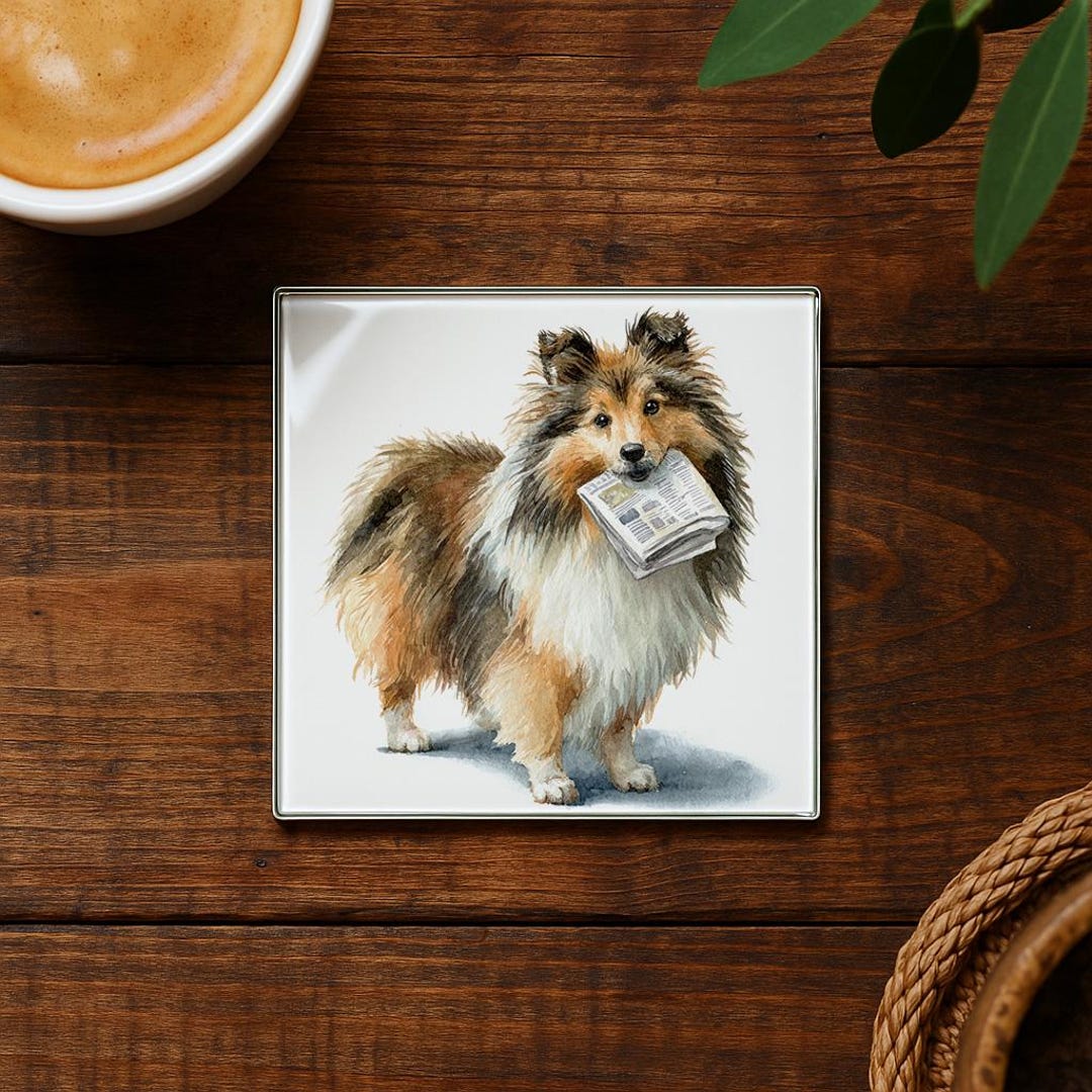 Shetland Sheepdog Glass Coaster – Dog With Newspaper Art - Etsy