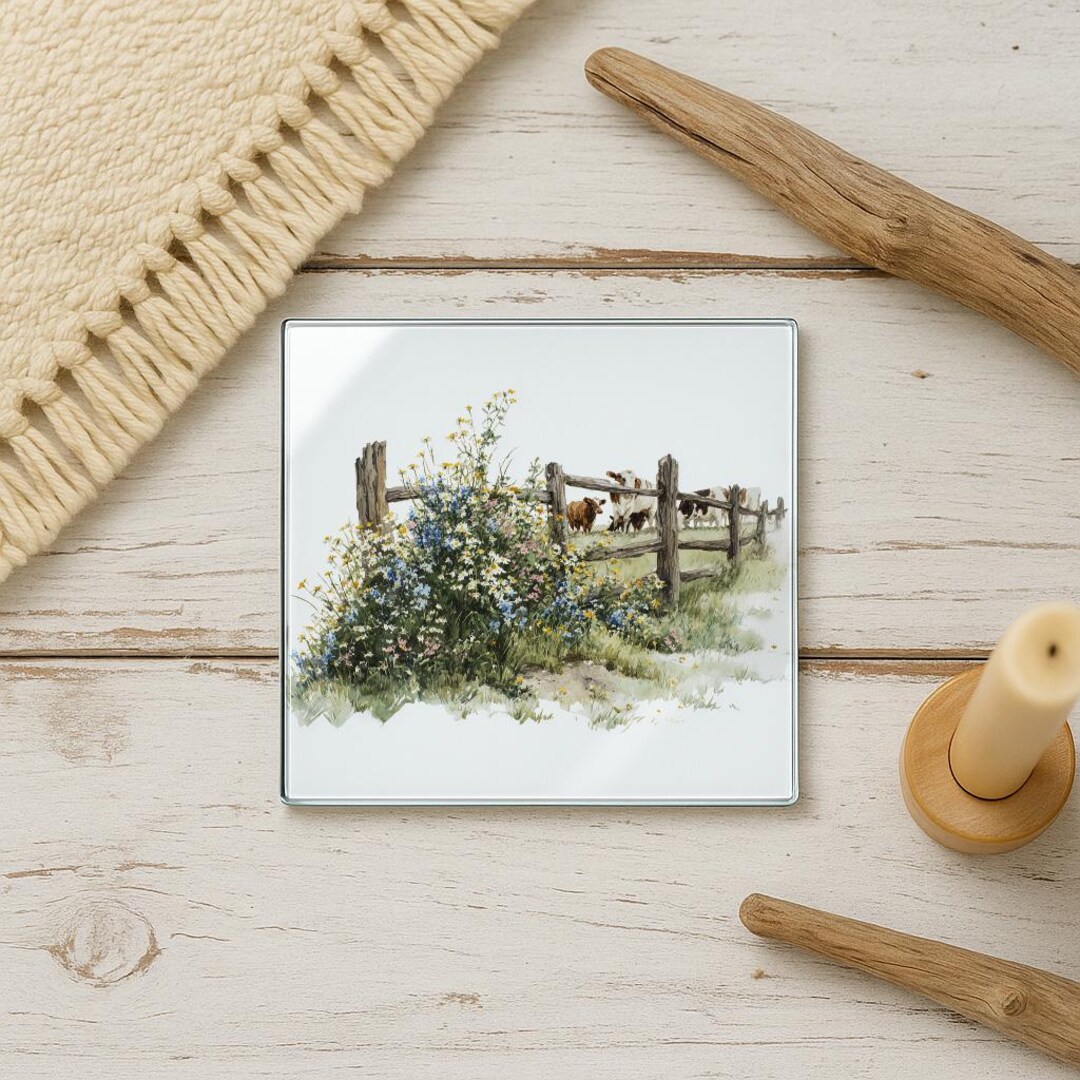 Rustic Farm Glass Coaster – Wooden Fence, Wildflowers & Grazing Cows ...