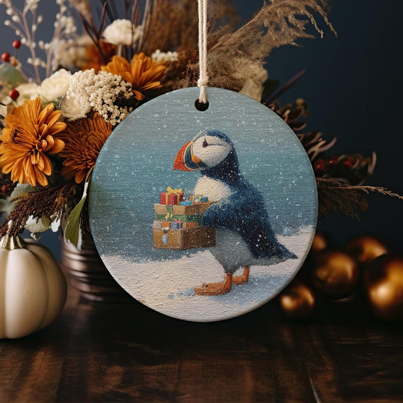 Puffin Christmas Ornament – Hand-painted Snowy Seaside Scene With Tiny ...