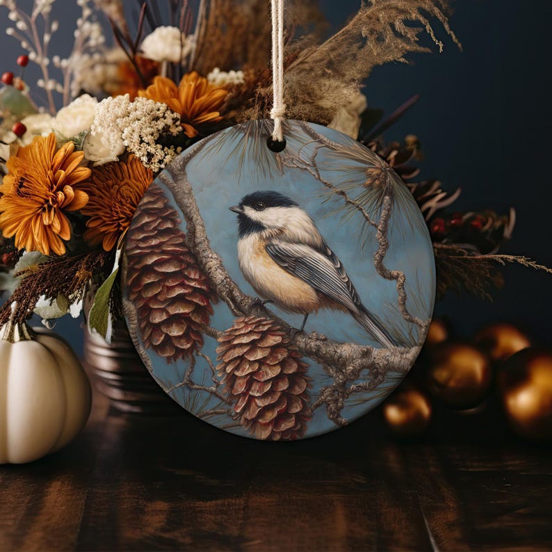 Chickadee Ceramic Ornament: Winter Bird on Pinecone Branch - Etsy