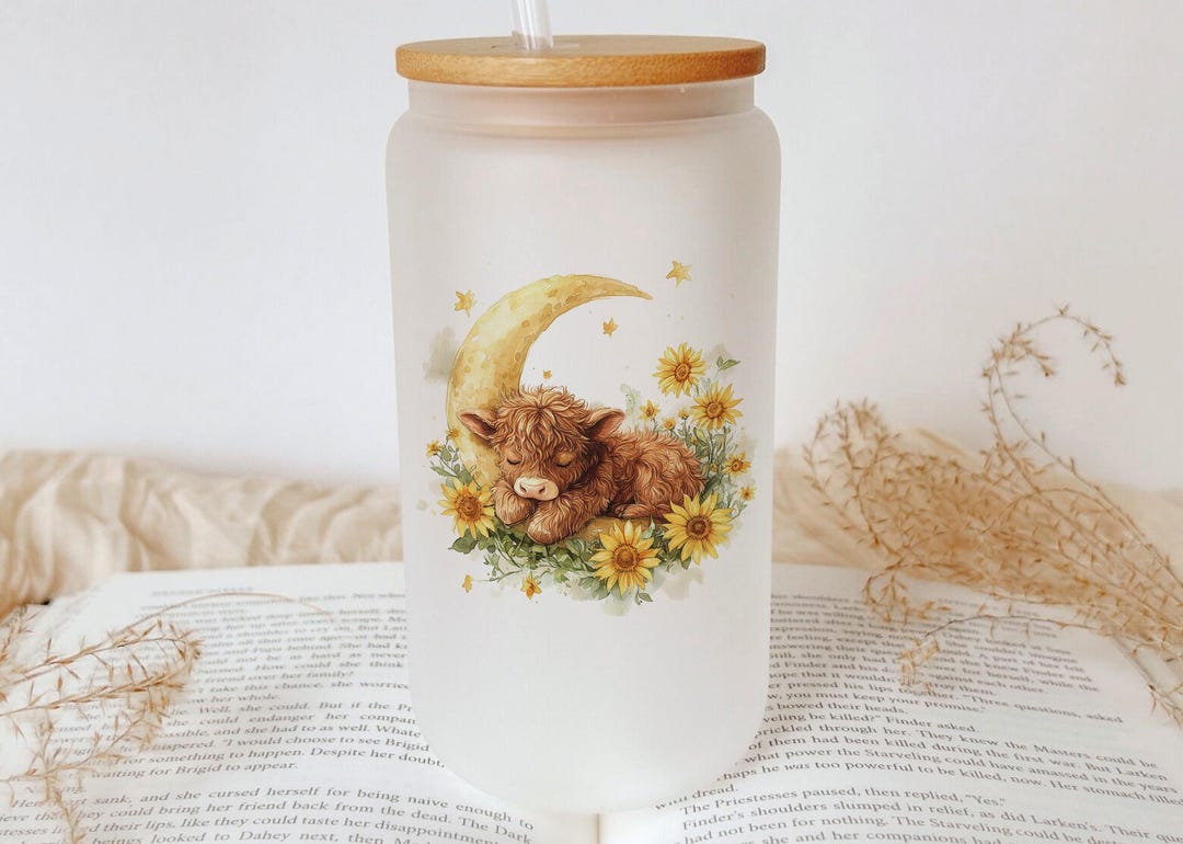 Cute Baby Highland Cow Moon Glass Tumbler – Sleeping Calf Cup, Iced ...
