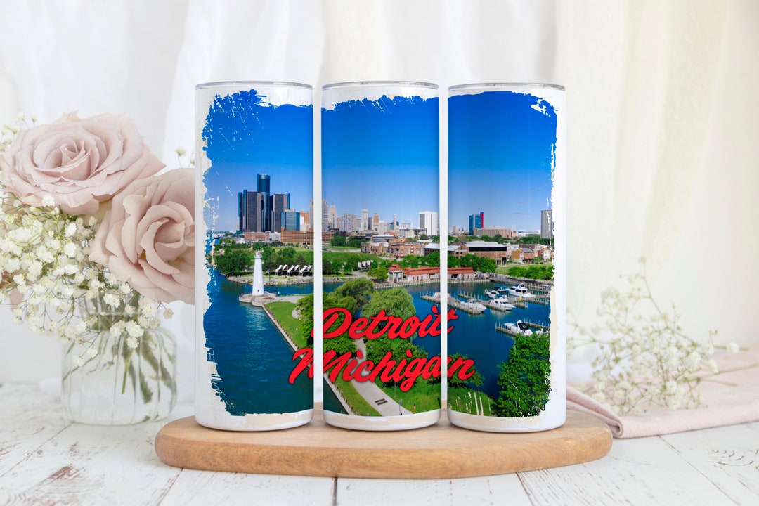 Detroit Travel Poster Tumbler, Michigan Vacation Cup, Postcard Style ...