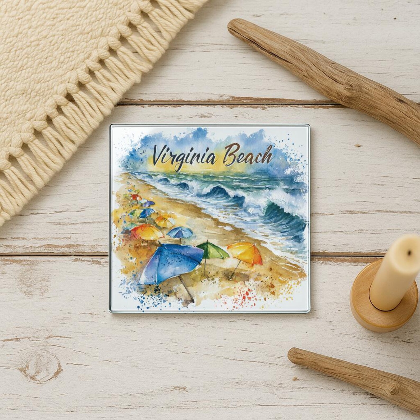 Virginia Beach Glass Coaster – Sandy Shoreline, Ocean Waves, Umbrellas ...
