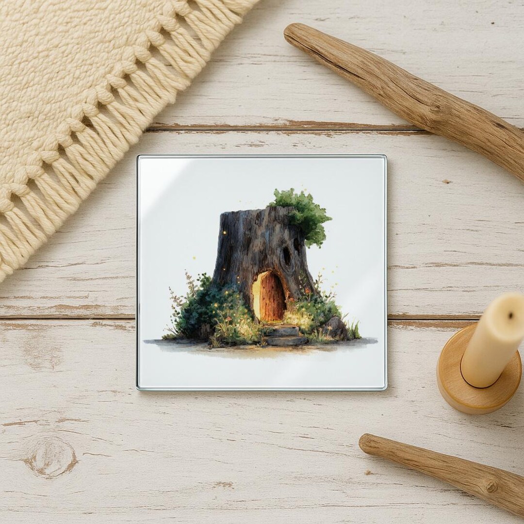 Magical Fairy Door Tree Stump Glass Coaster – Glowing Forest Decor ...