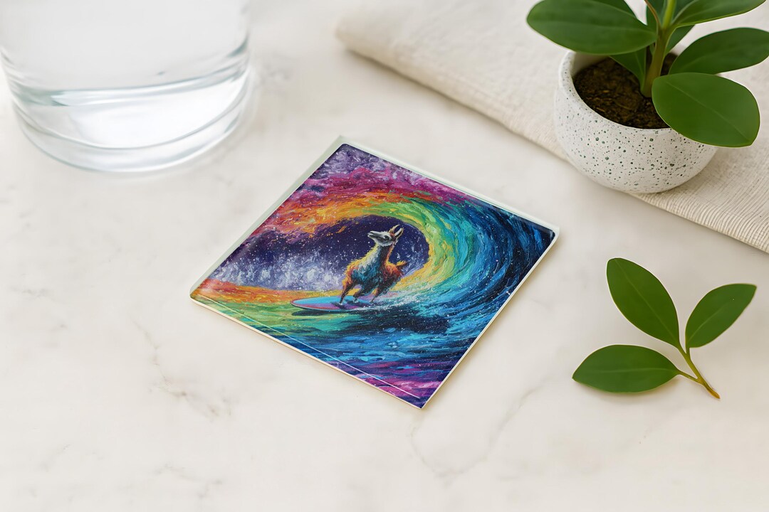 Llama Surfing Cosmic Rainbow Wave Glass Coaster, Space Surfing ...