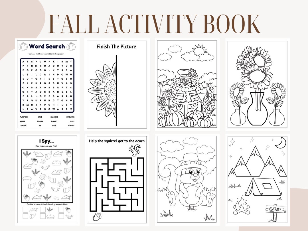 20 Page Printable Fall Activity Book, Fall Coloring Pages, Thanksgiving ...