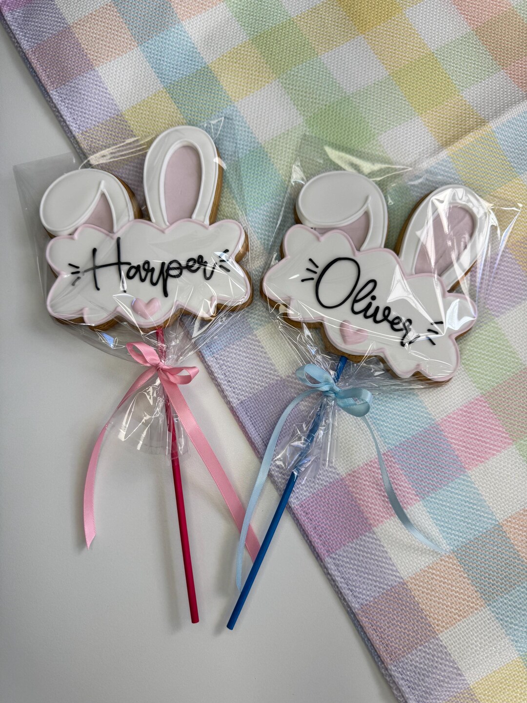 6 Personalized Easter Bunny Ear Cookie on a Stick – Custom Name Treat ...