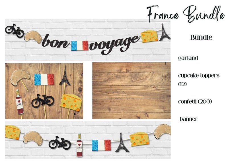 French Party Decor Bundle: Bon Voyage Banner, Cupcake Toppers, Garland ...