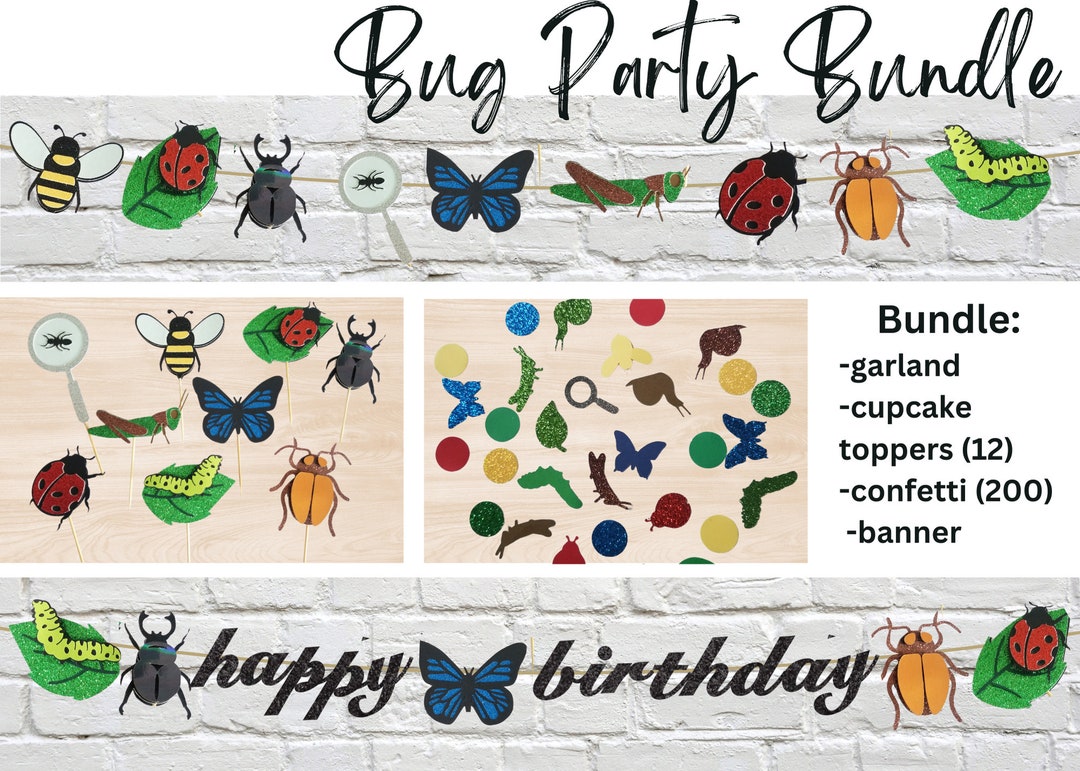 Bug Party Decor- Cupcake Toppers (12)- Bug Garland-bug Happy Birthday ...