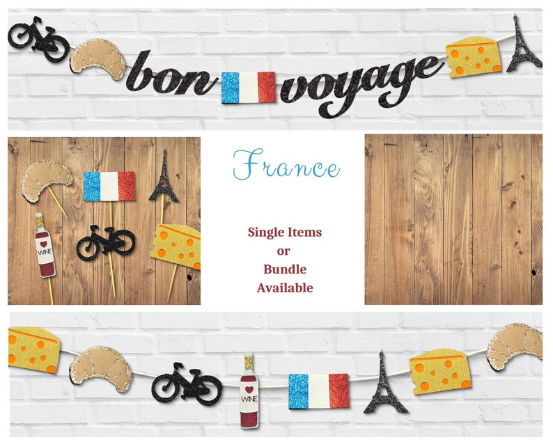 French Party Decor Bundle: Bon Voyage Banner, Cupcake Toppers, Garland ...