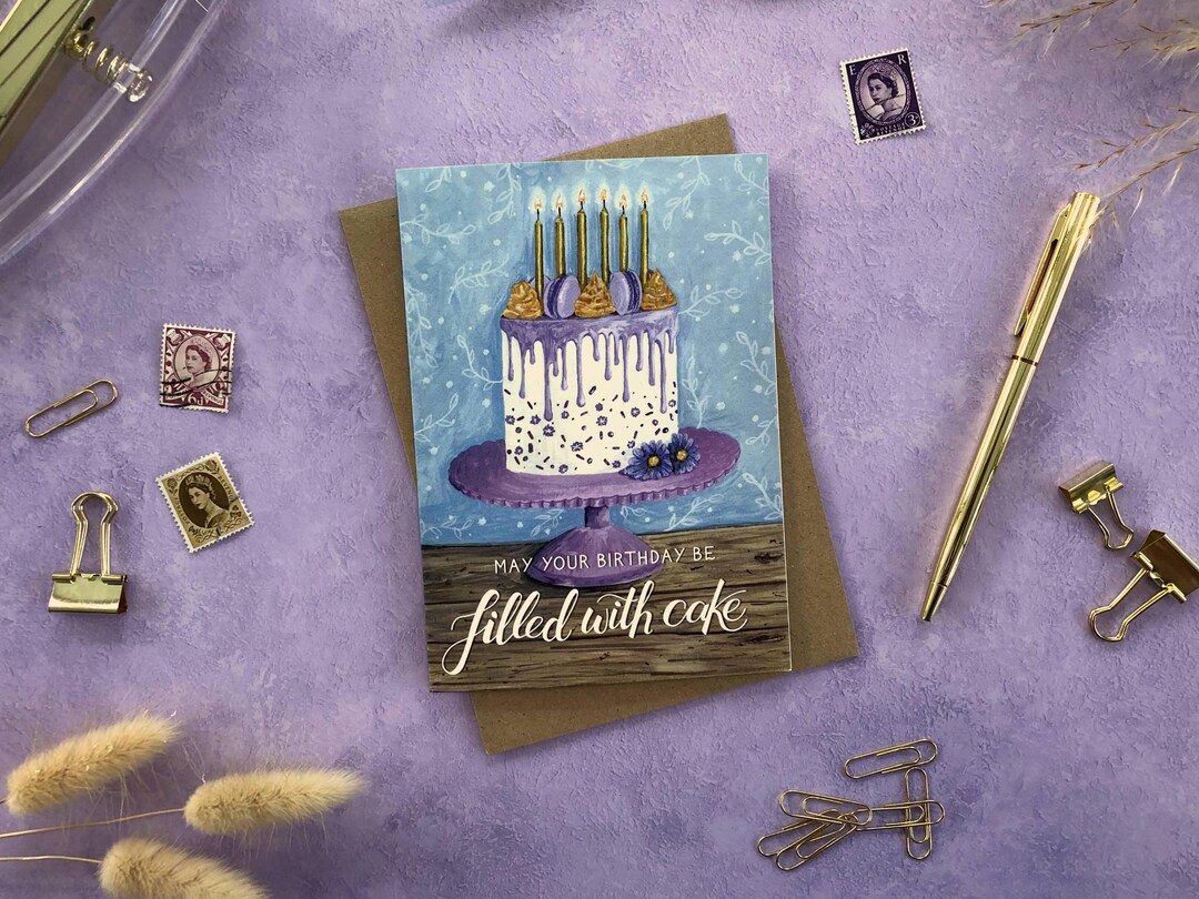 Purple Drip Cake Birthday Card Hand Illustrated Card Birthday Card for ...