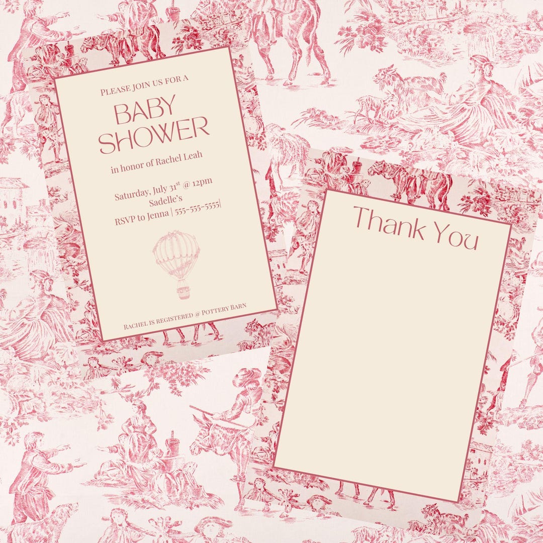 Editable Pink Toile Baby Shower Invitation Bundle | Personalized French ...