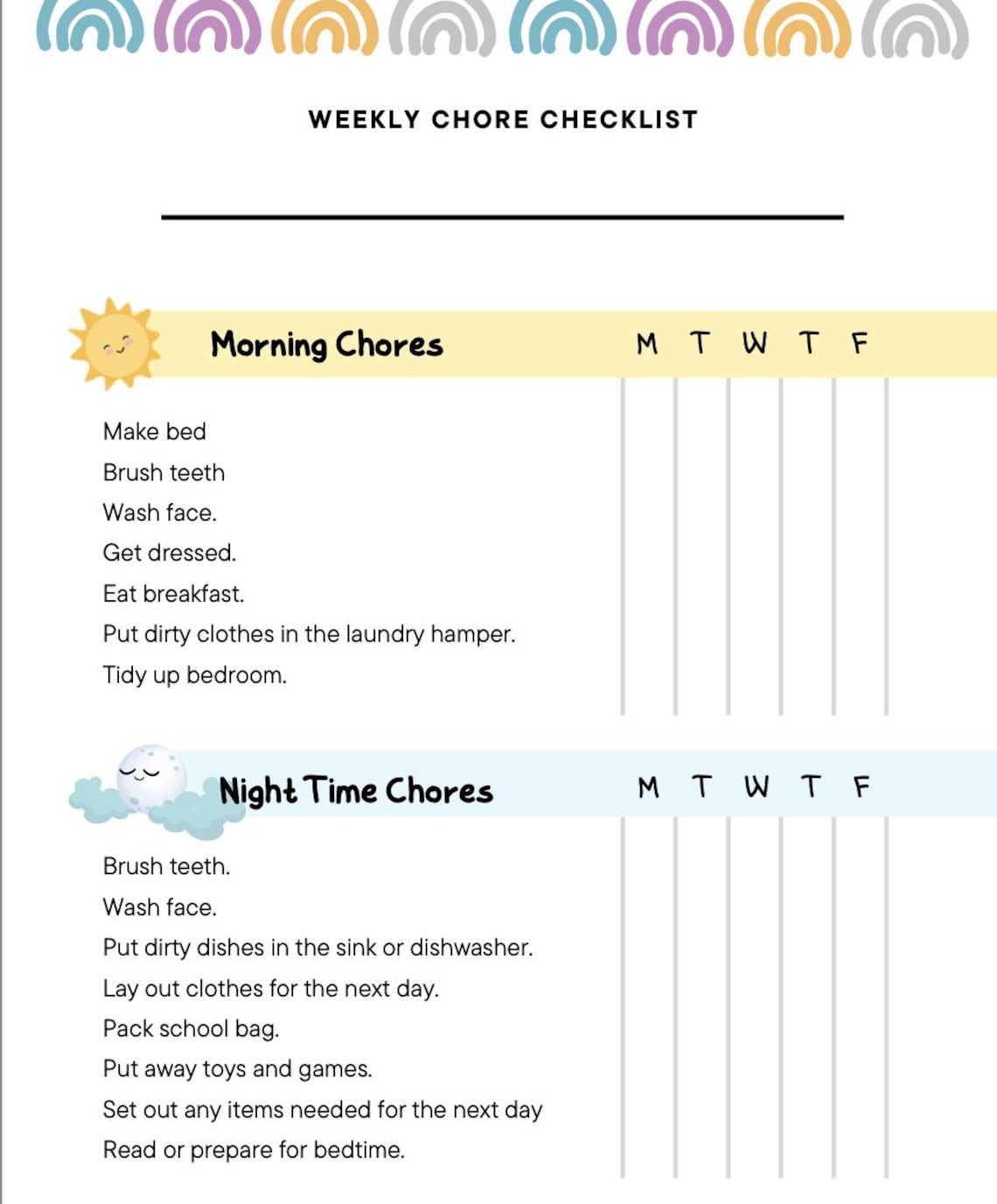 Kids Chore Chart Printable – Morning & Night Routine Checklist | Weekly ...