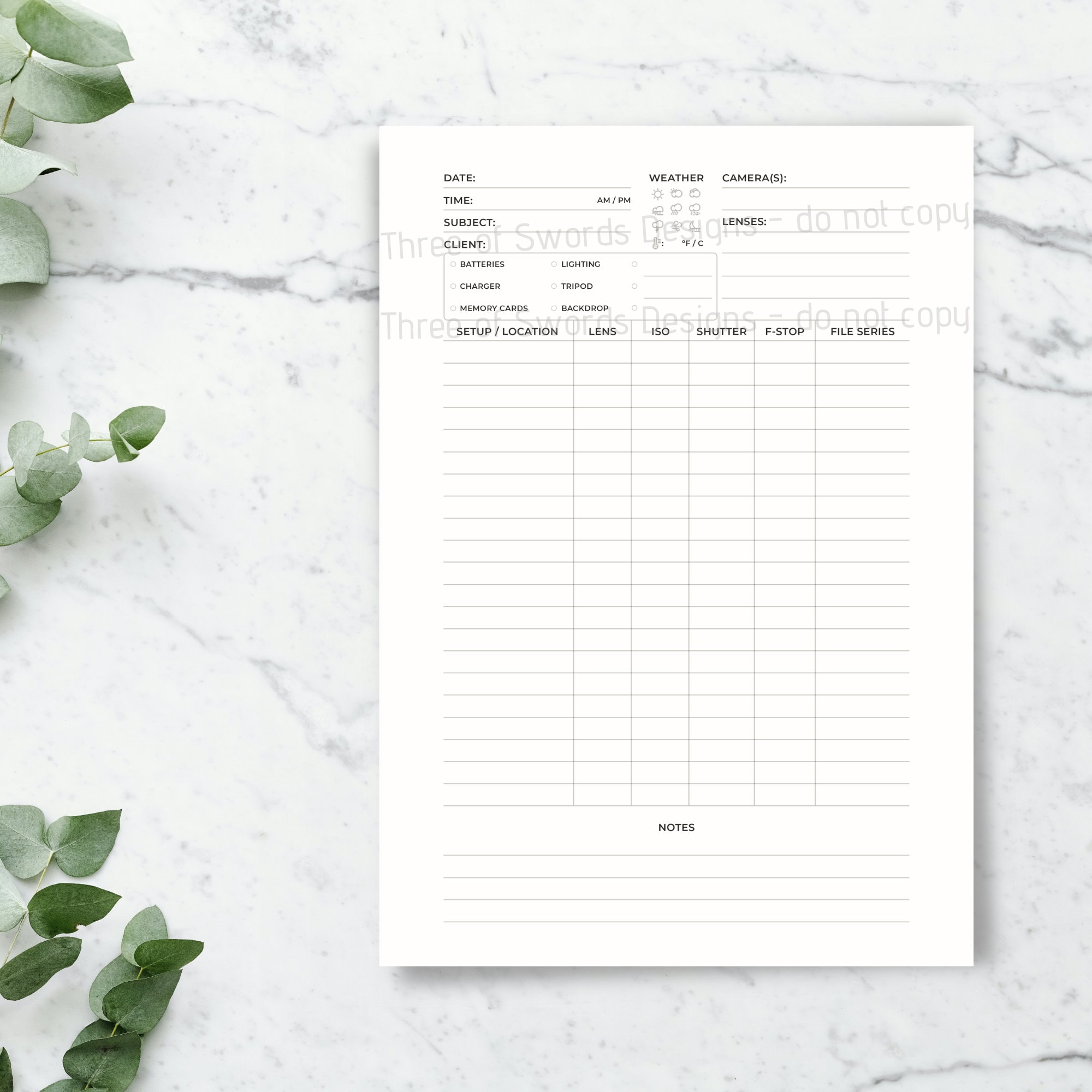 Photographer's Planner & Log Sheet A4 A5 Printables | Photoshoot Gear ...