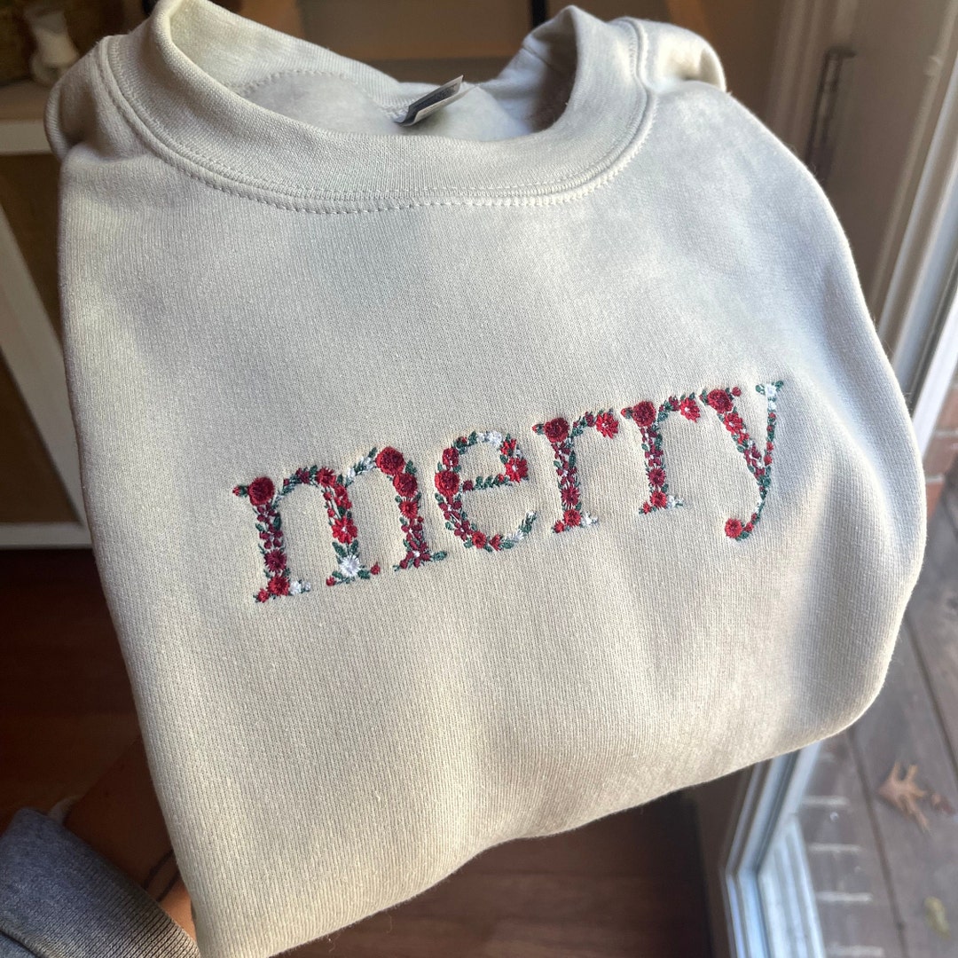 MERRY Embroidered Floral Letters Crewneck Sweatshirt for Christmas ...