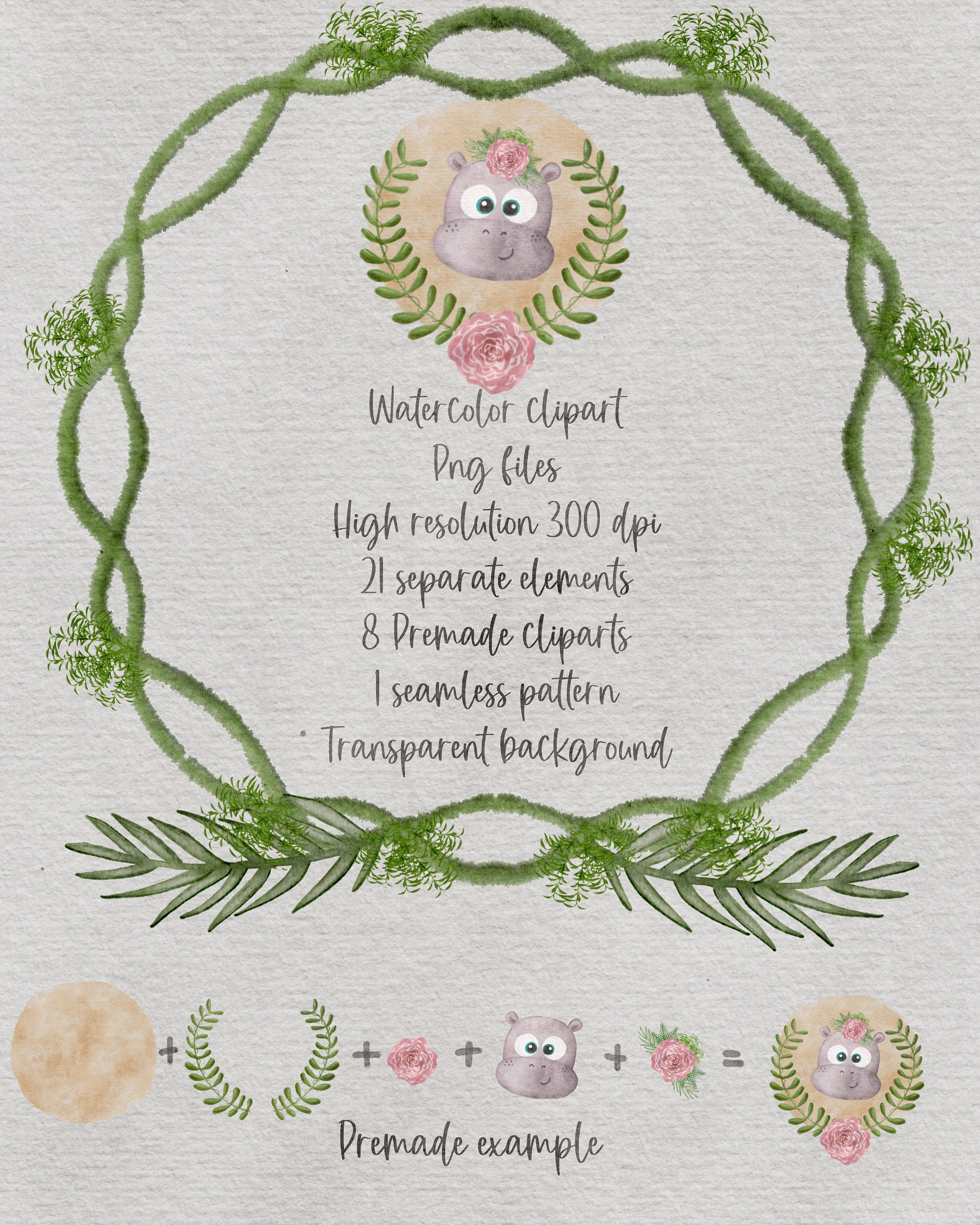 Cute Hippo Safari Watercolor Clipart, Watercolor Hippo, Safari Set, Png ...