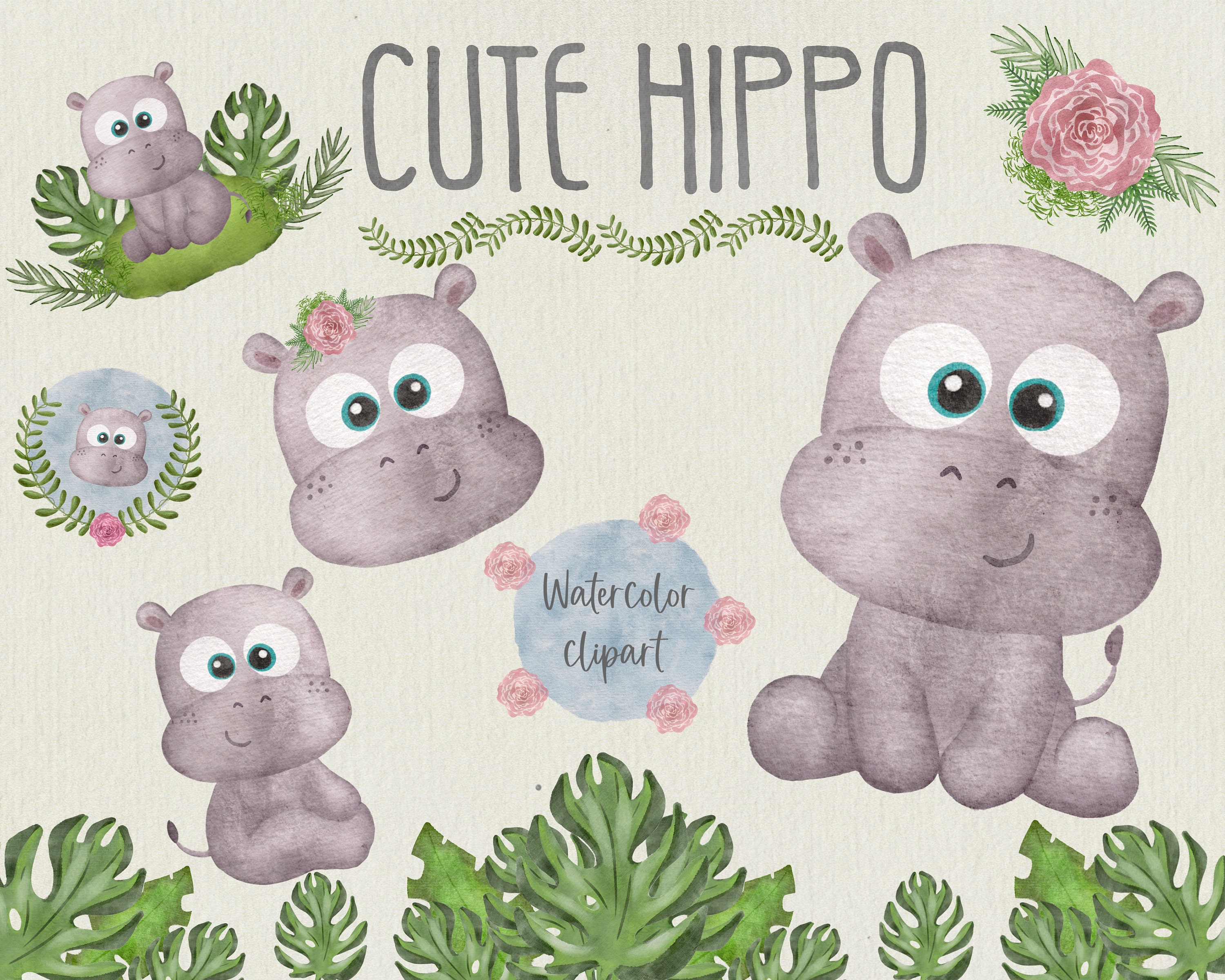 Cute Hippo Safari Watercolor Clipart, Watercolor Hippo, Safari Set, Png ...