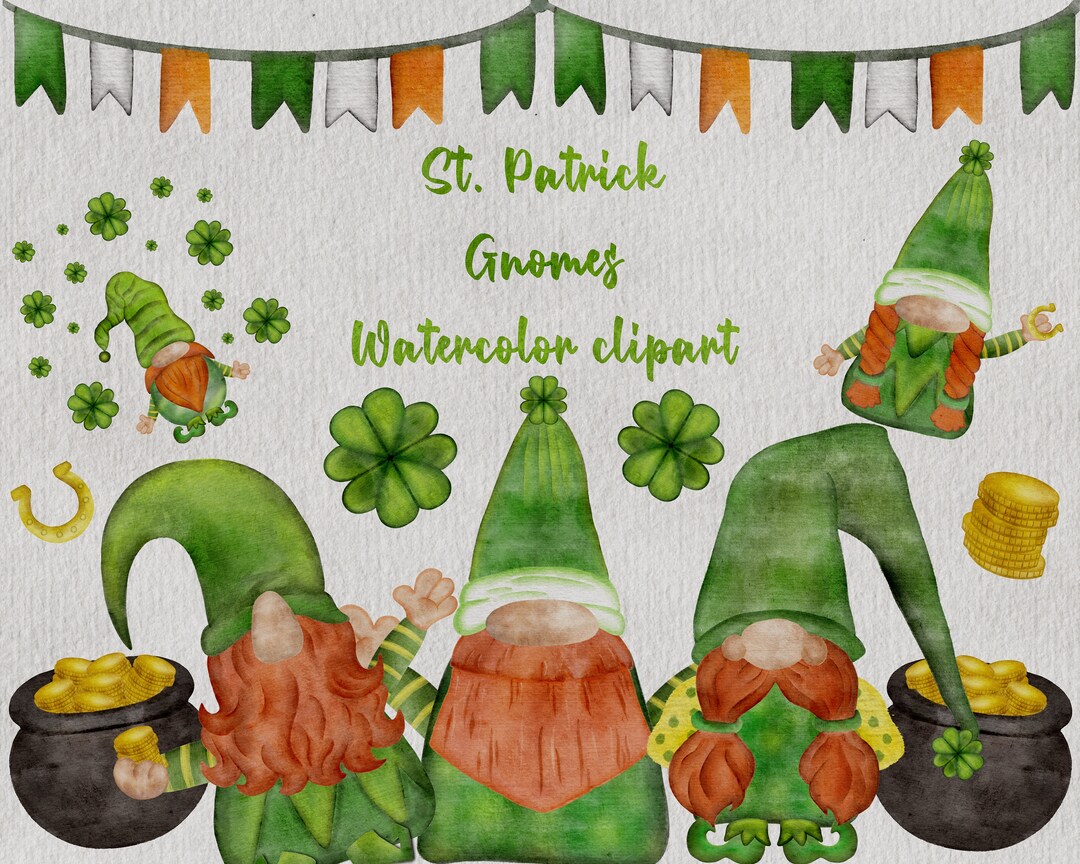 St. Patrick Gnomes Watercolor Clipart, Gnomes Clipart, Watercolor ...