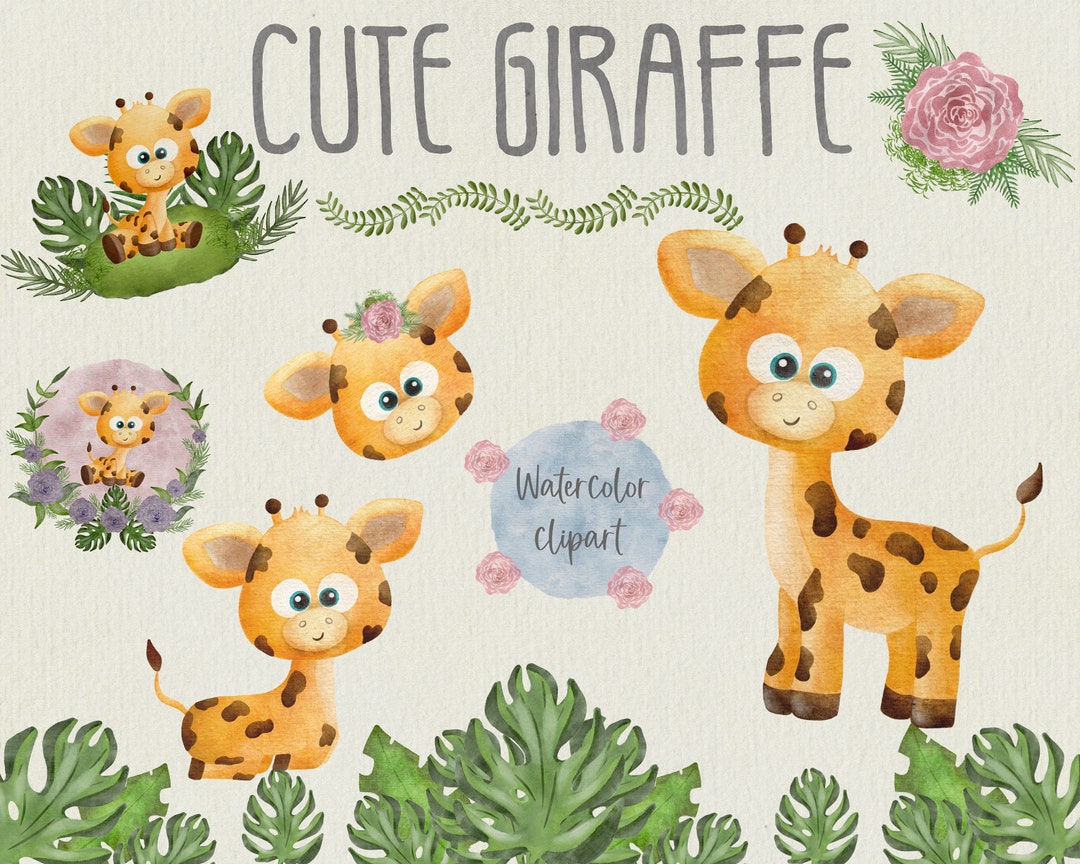 Cute Giraffe Safari Watercolor Clipart, Watercolor Giraffe, Safari Set ...