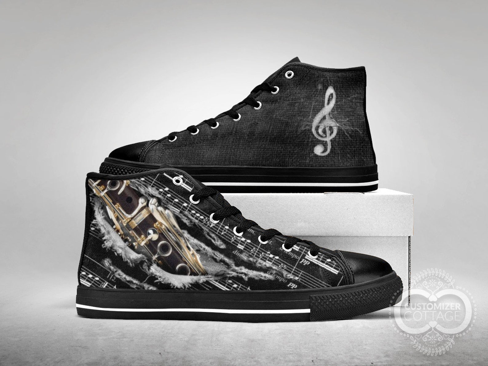 Clarinet With Treble Clef and Sheet Music, Custom Made Black or White ...