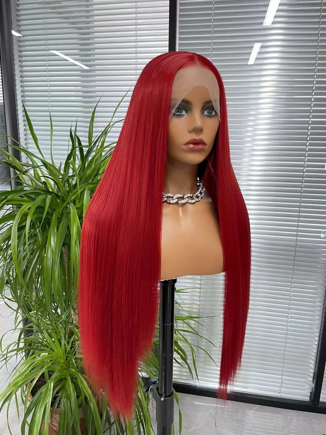Red Color Synthetic Lace Front Wig Heat Resistant Long Straight Drag ...