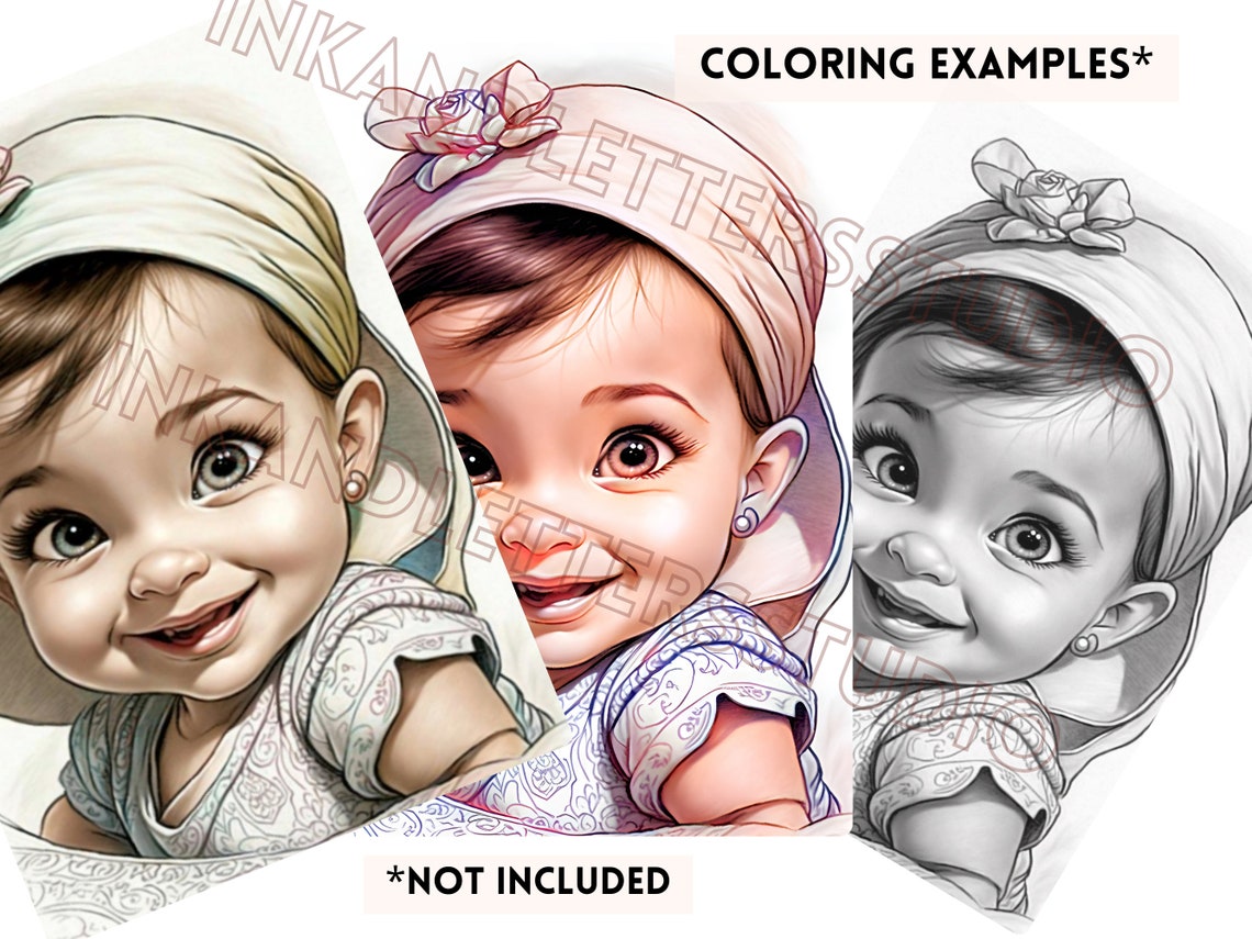 Cute Babies Coloring Page Grayscale Adult Printable Coloring Page for ...