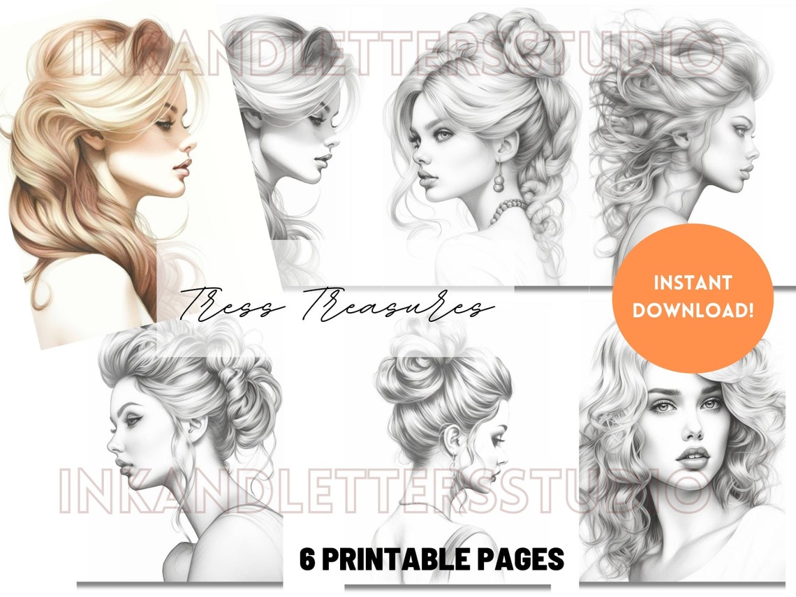 Hairstyle Coloring Page Grayscale Adult Printable Coloring Page for ...