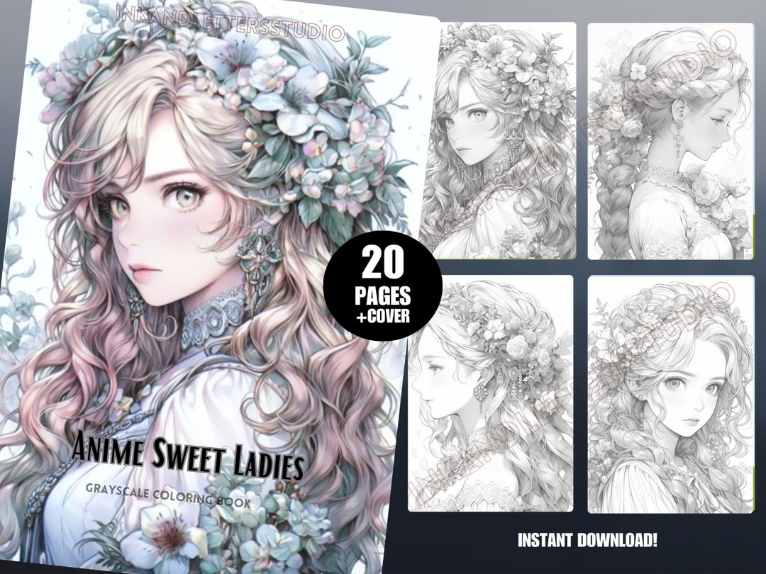 Anime Sweet Ladies Coloring Page Grayscale Adult Printable Coloring ...