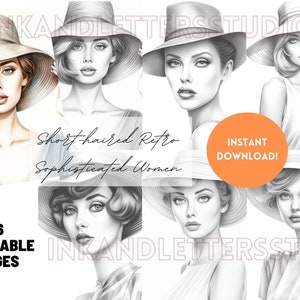 Short Hair Retro Women Coloring Page Grayscale Adult Printable - Etsy