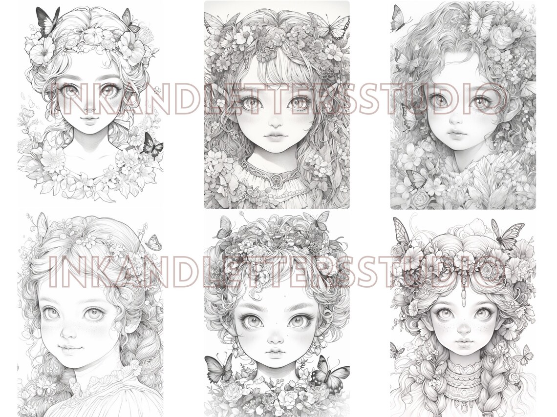 Cute Flower Fairy Girls Coloring Page Grayscale Adult Printable ...