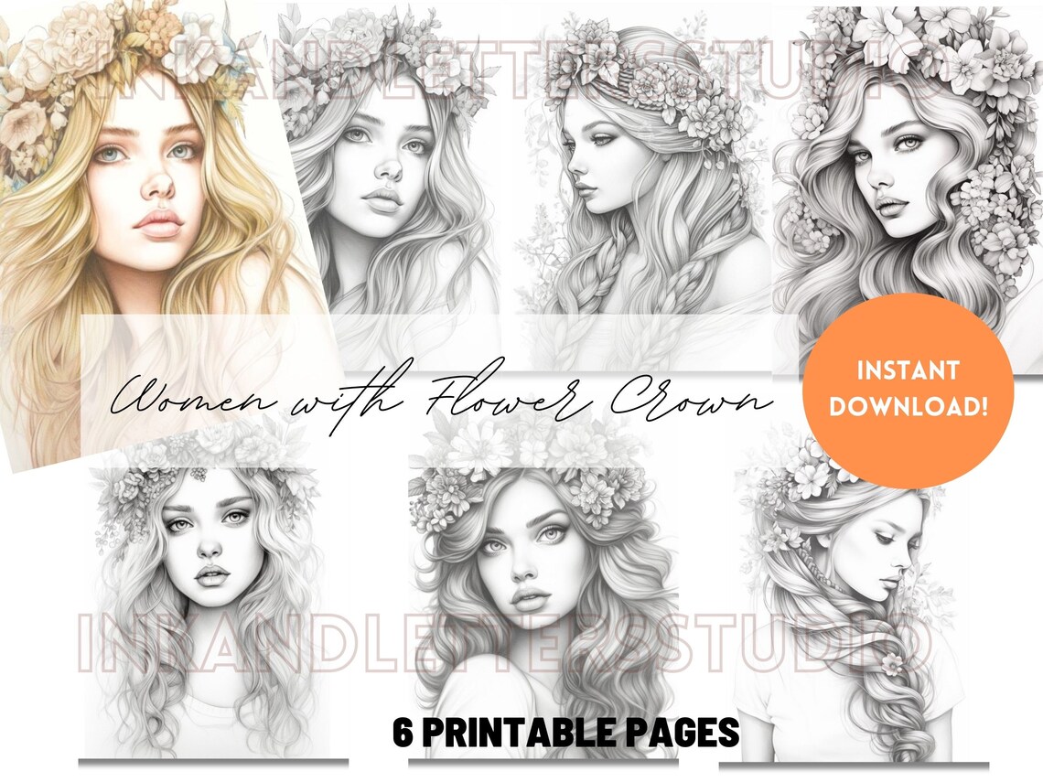 Women Hair Flower Crown Coloring Page Grayscale Adult Printable ...