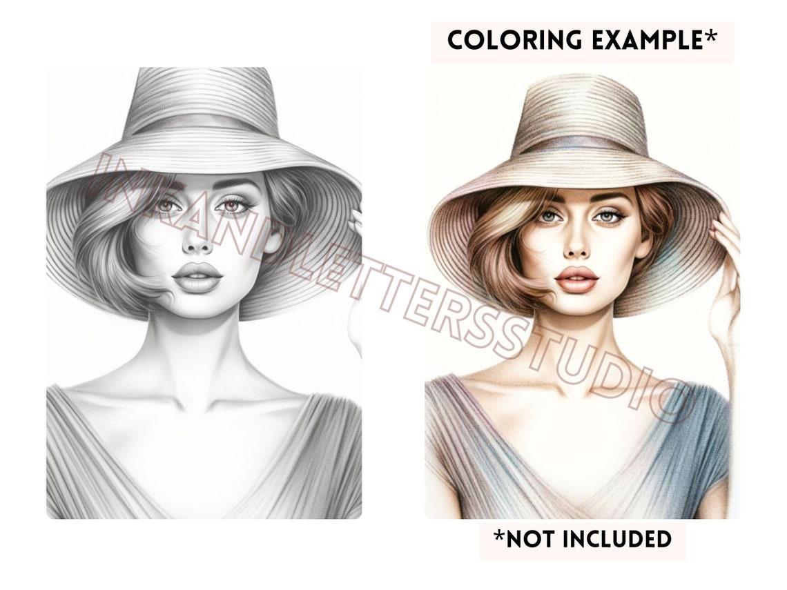 Short Hair Retro Women Coloring Page Grayscale Adult Printable Coloring ...