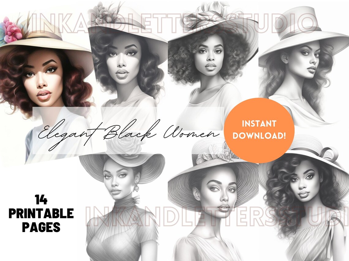 Elegant Black Women Coloring Page Grayscale Adult Printable - Etsy