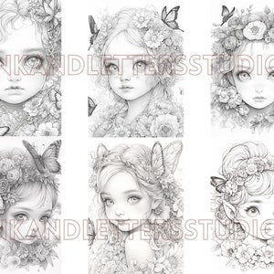Cute Flower Fairy Girls Coloring Page Grayscale Adult Printable ...