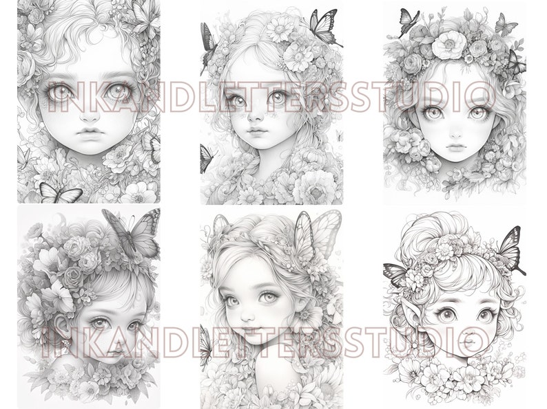 Cute Flower Fairy Girls Coloring Page Grayscale Adult Printable ...