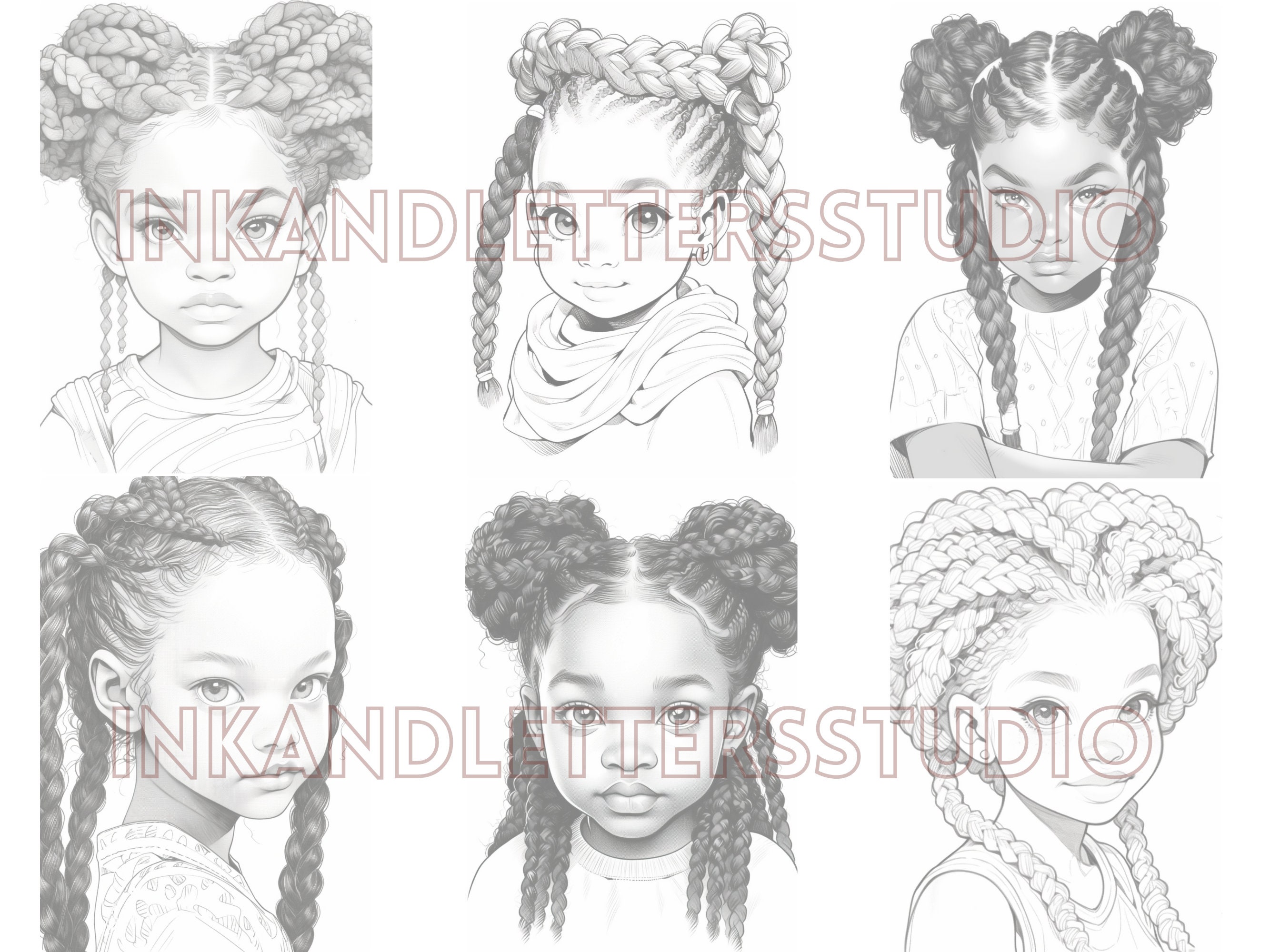 Cute Toddlers With Braids Coloring Page Grayscale Adult Printable ...