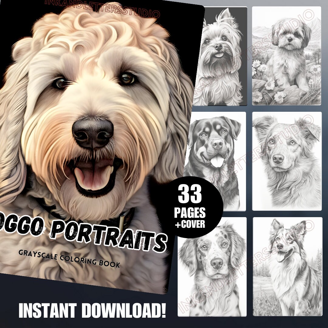 Doggo Portraits Coloring Page Grayscale Adult Printable Coloring Page for Adult Beginner ...