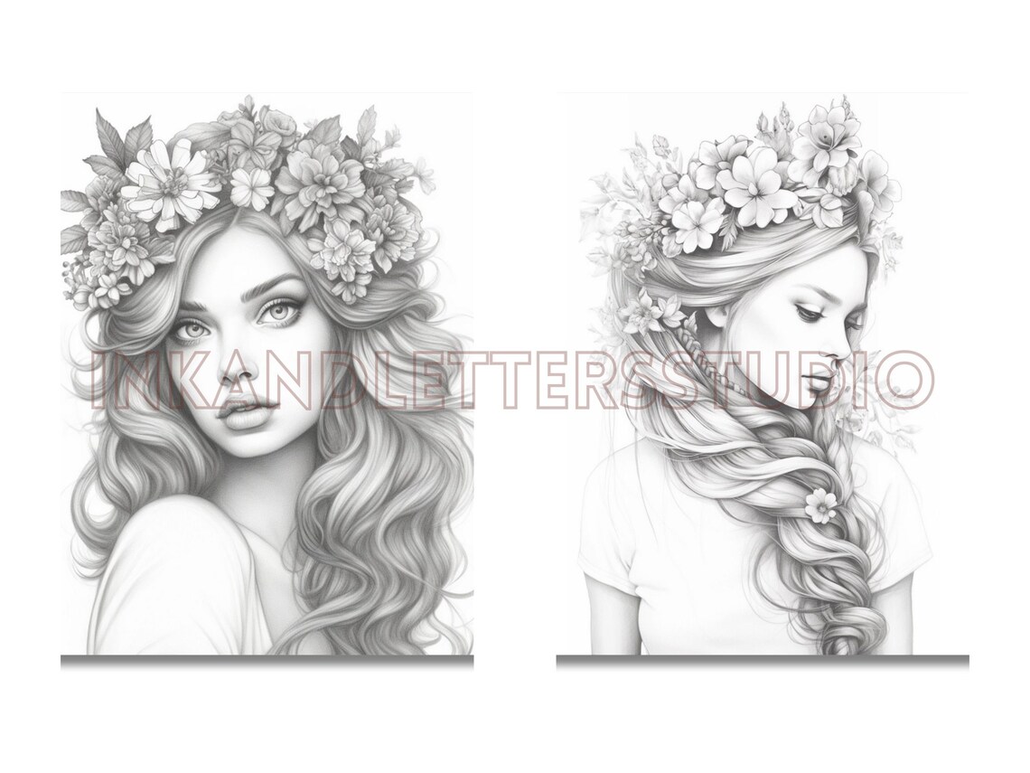 Women Hair Flower Crown Coloring Page Grayscale Adult Printable ...