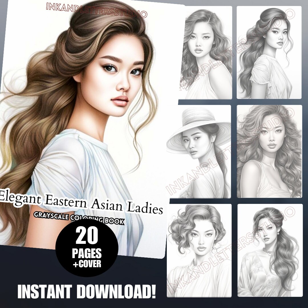 Elegant Eastern Asian Ladies Coloring Page Grayscale Adult Printable ...