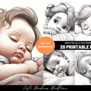 Cute Babies Bedtime Coloring Page Grayscale Adult Printable Coloring ...