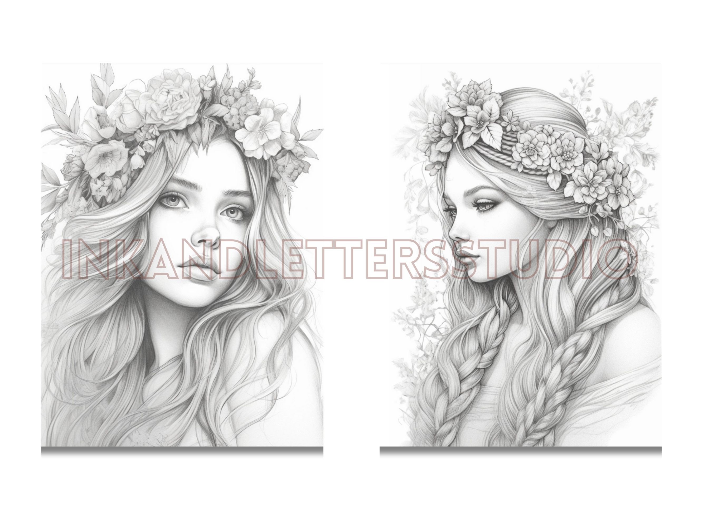 Women Hair Flower Crown Coloring Page Grayscale Adult Printable ...