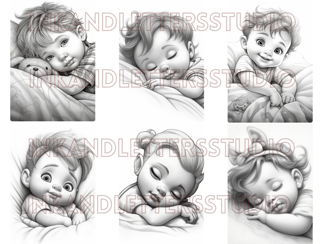 Cute Babies Bedtime Coloring Page Grayscale Adult Printable Coloring ...