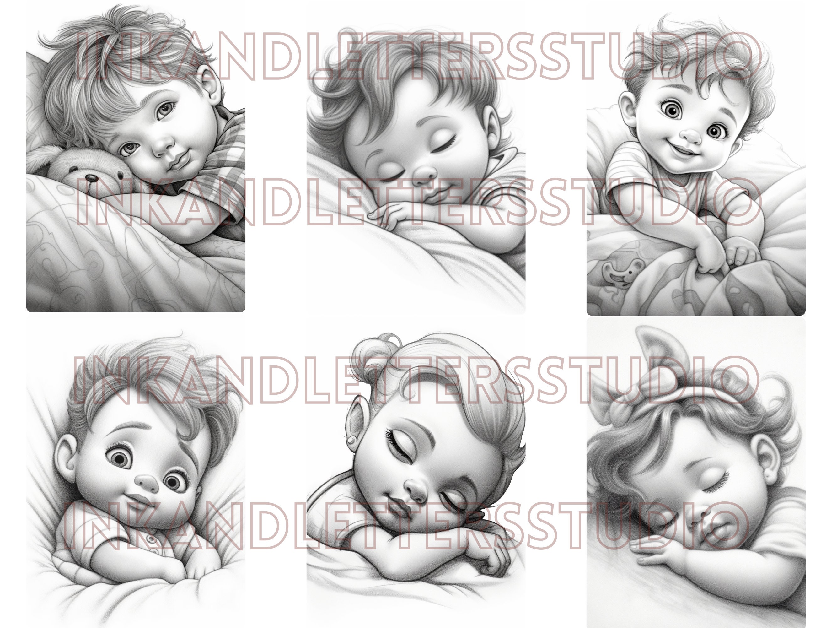 Cute Babies Bedtime Coloring Page Grayscale Adult Printable Coloring ...