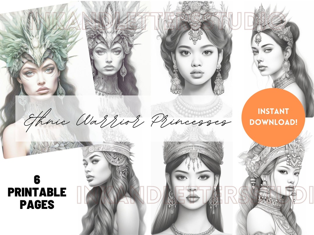 Ethnic Warrior Princesses Coloring Page Adult Printable Grayscale ...